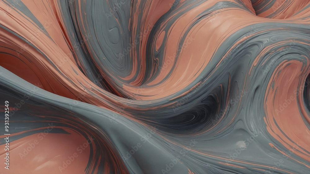 Abstract background with fluid paint swirls of gray and peach fuzz ...