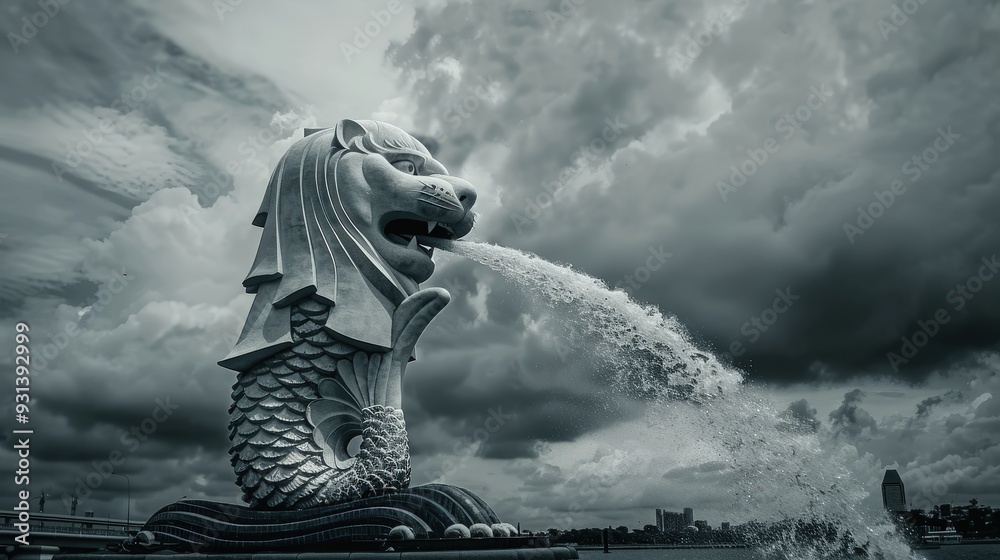 The Merlion, a mythical creature with the head of a lion and the body ...