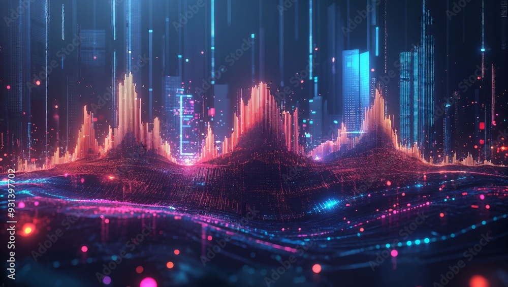 A captivating digital landscape, pulsating with colorful peaks and ...