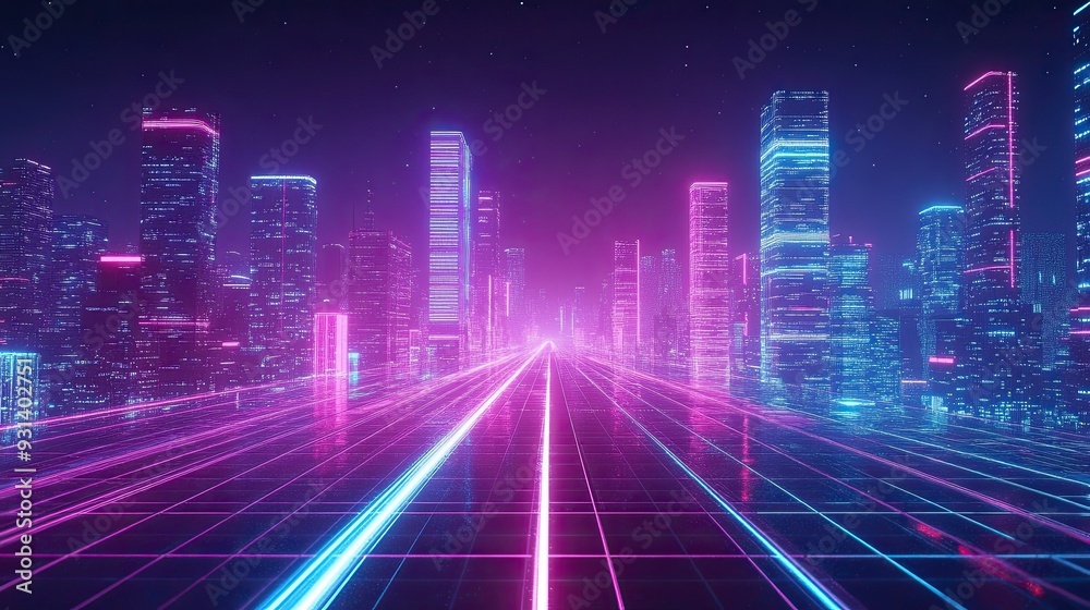 Neon-lit Synthwave grid road leading to a futuristic city with glowing skyscrapers 80s-inspired ...