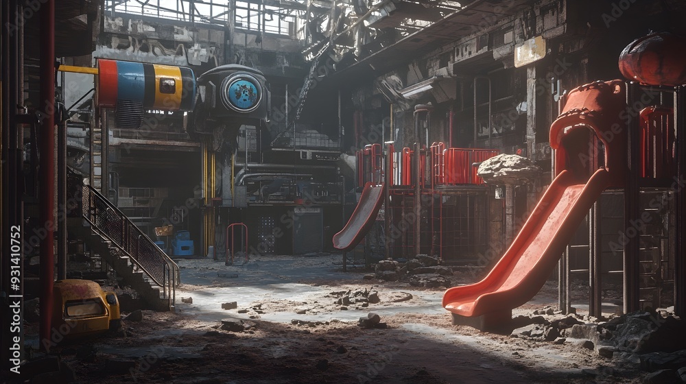 Dystopian game environment with strange oversized playground equipment ...