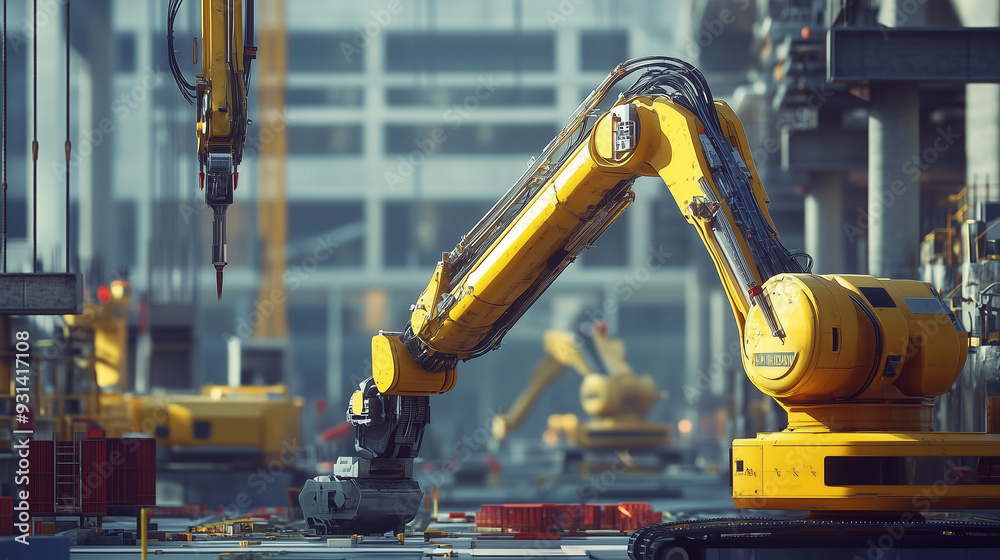 AI-powered autonomous construction site with robots building ...
