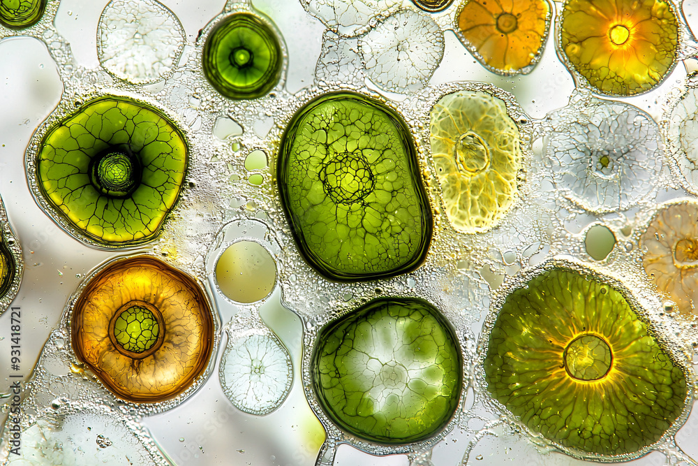Different types of algae floating in water, viewed under a microscope ...