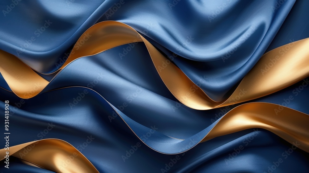 Craft an abstract background featuring blue and gold ribbons in a ...