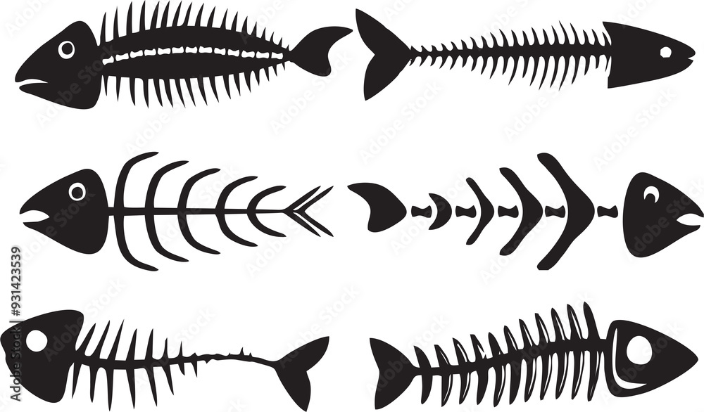Fish bone icons. Fish bone or fish skeleton flat icons for wildlife ...