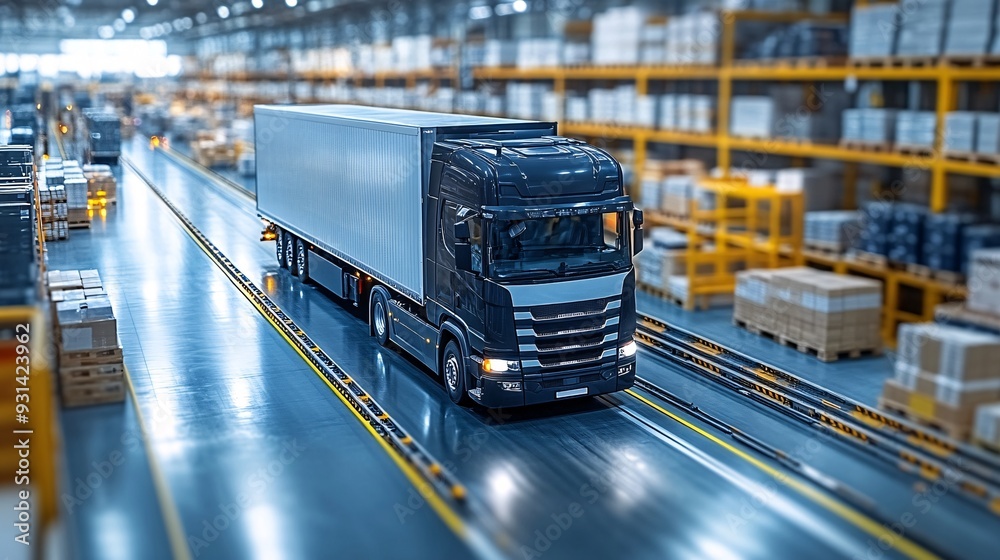 A modern logistics center with trucks and delivery systems in operation ...