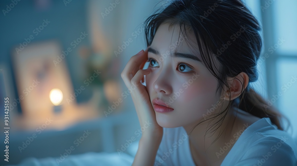 Bored insomnia asian young woman girl looking at mirror hand touching ...