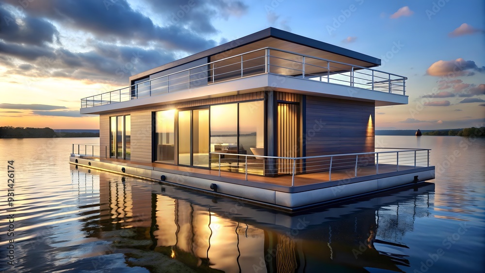 Modern houseboat on calm waters with sleek design and large windows ...