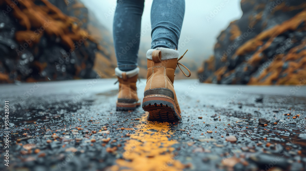 female traveler feet walking on asphalt road among nature around. Stock ...