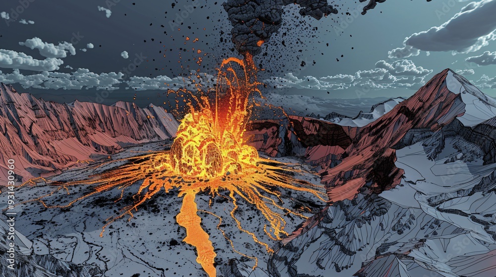 Detailed 3D shaded drawing of a volcanic eruption spewing lava and ash ...