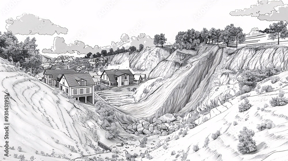 Detailed 3D shaded drawing of a landslide burying a hillside village ...