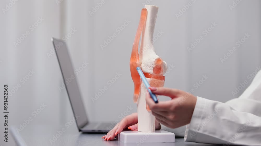 Orthopedic surgeon shows a detailed knee joint model during a medical ...