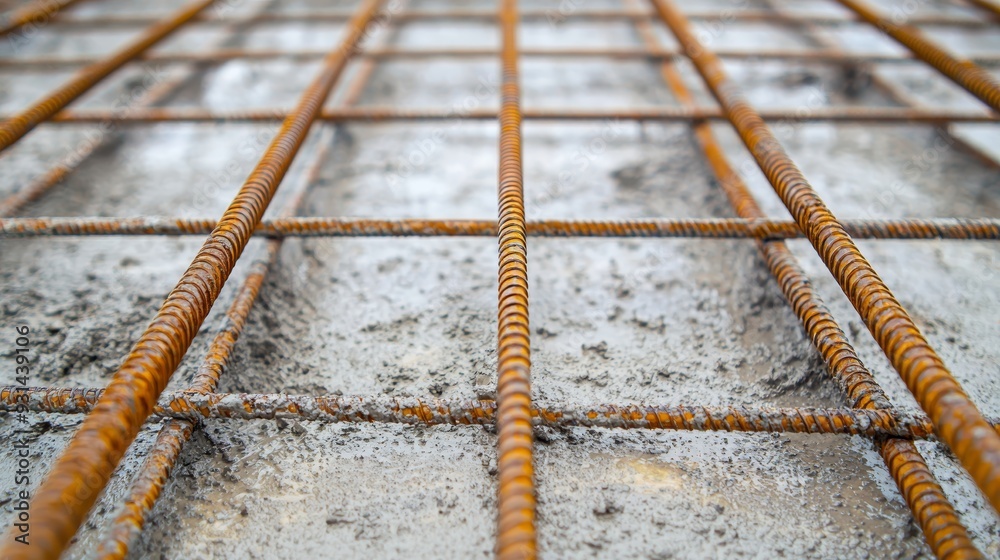 Wet concrete and steel rebar grid on a construction site Stock ...