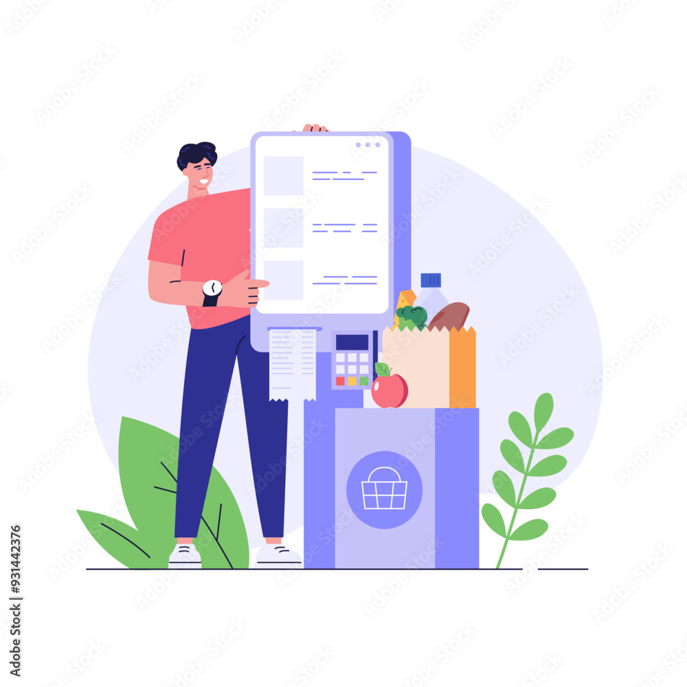 Customer Use Self Service Checkout Man With Shopping Cart Buying With Automated Self Checkout