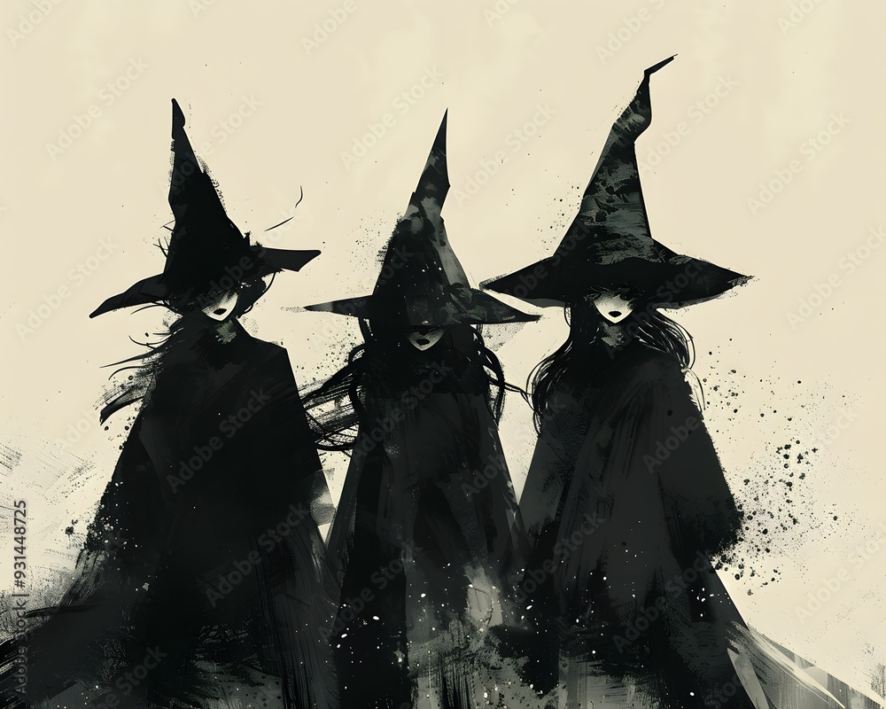 Mysterious illustration of three witches wearing pointed hats and dark ...