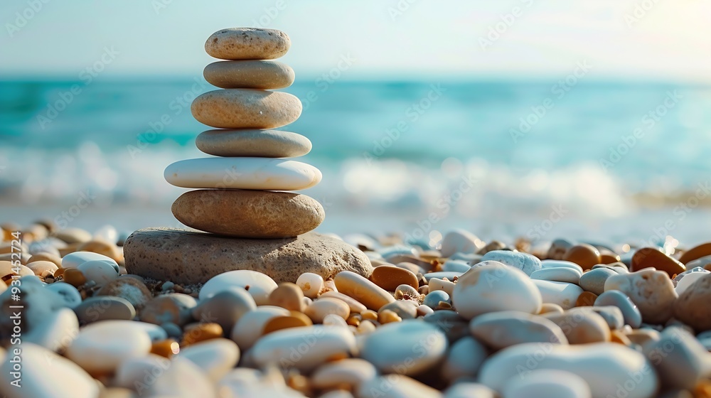 Pebble tower balance harmony stones arrangement on sea beach coastline ...