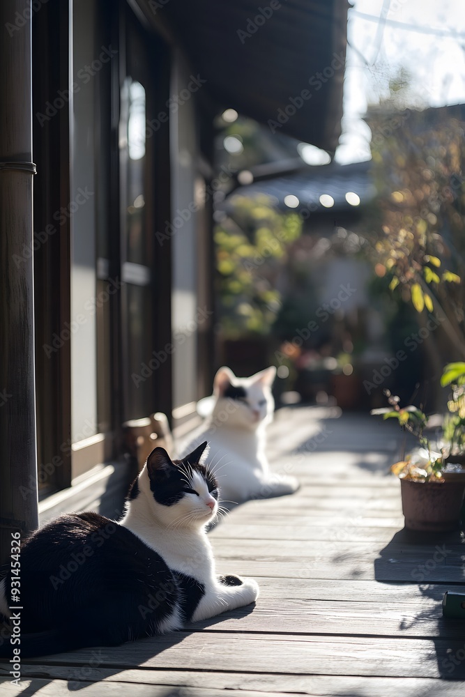 Cats sunbathing on a patio, captured in high resolution with a warm and ...