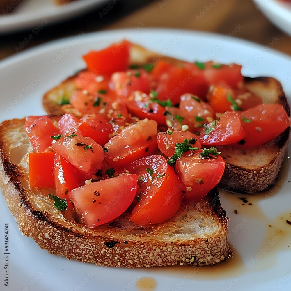 Toasted bread with tomatoes for breakfast, captured in high resolution ...