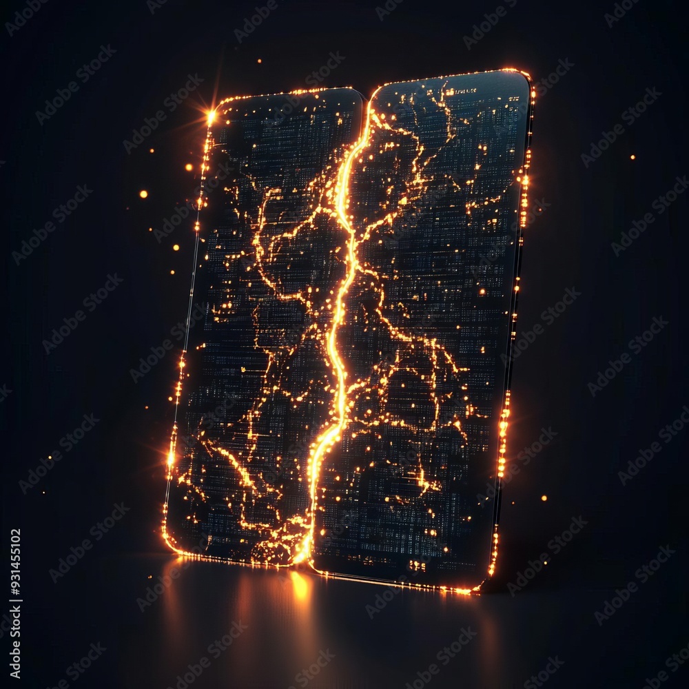 Credit card, split in half, revealing digital data, glowing effects ...