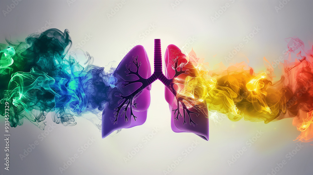 A pair of human lungs, enveloped in vibrant yet toxic-looking smoke ...