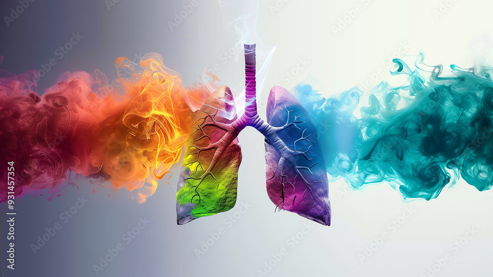 A pair of human lungs, enveloped in vibrant yet toxic-looking smoke ...