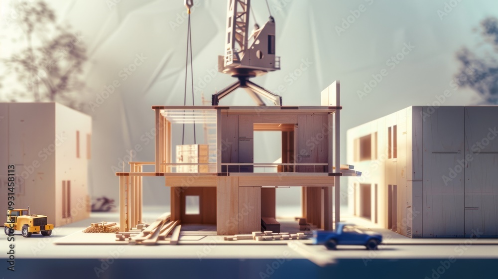 Small-scale architectural model showing a building under construction ...