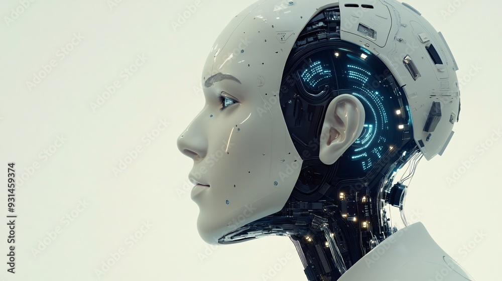 Humanoid head in side view with embedded LEDs and a digital interface ...