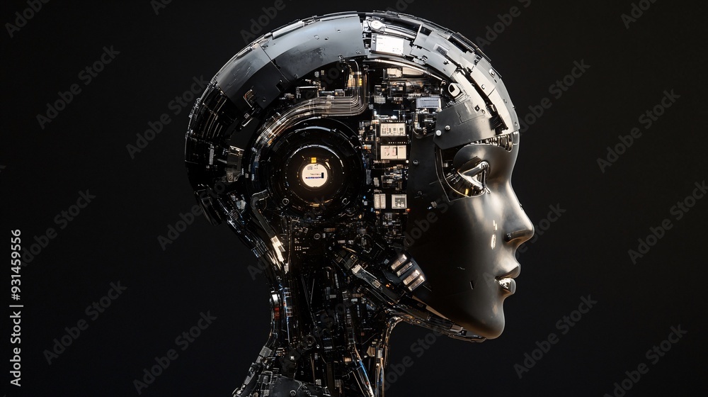Side view of a humanoid head with a seamless blend of digital ...
