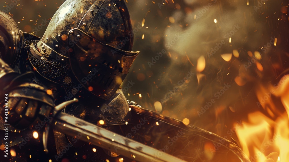 A knight in full armor raises his sword amidst flying embers, capturing ...