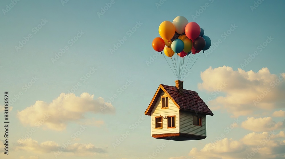 Small house flys up in the air after balloons with helium has been ...
