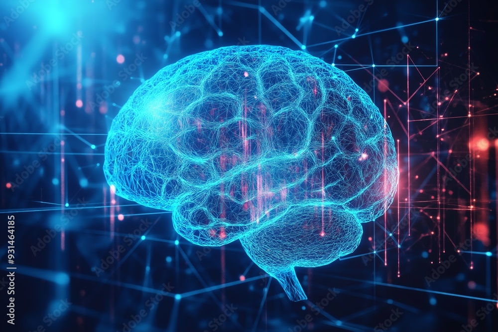 A brain is shown in a blue and red color scheme. The brain is ...