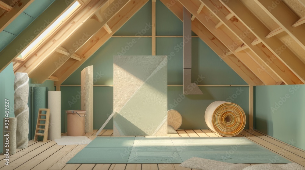 A sunlit attic space under renovation, featuring exposed wooden beams ...