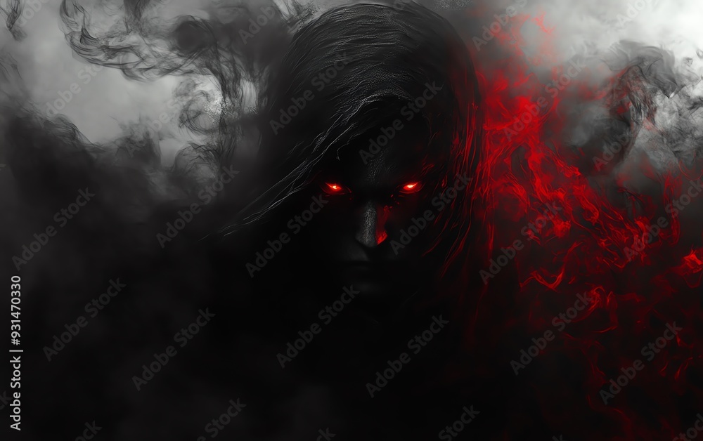 Sin embodied into darkness, an ominous and shadowy figure, engulfed in ...