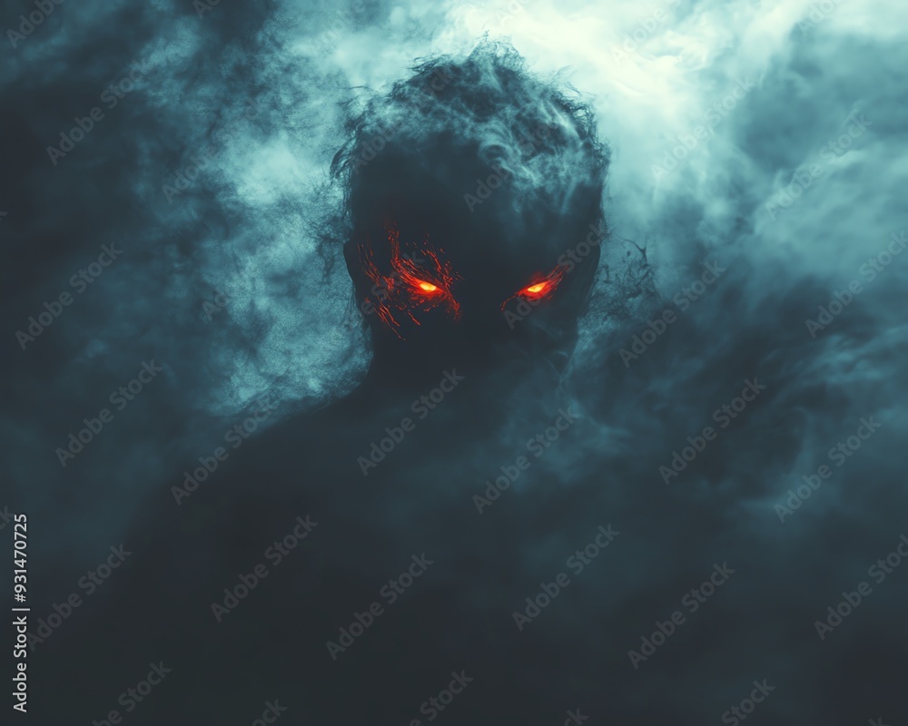 A figure embodying sin in pure darkness, shadowy form with piercing red ...