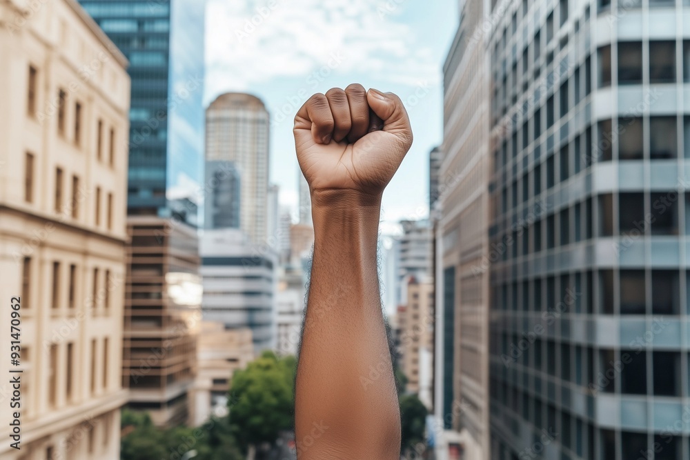 African American hand raised up and clenched into a fist. Symbol of ...