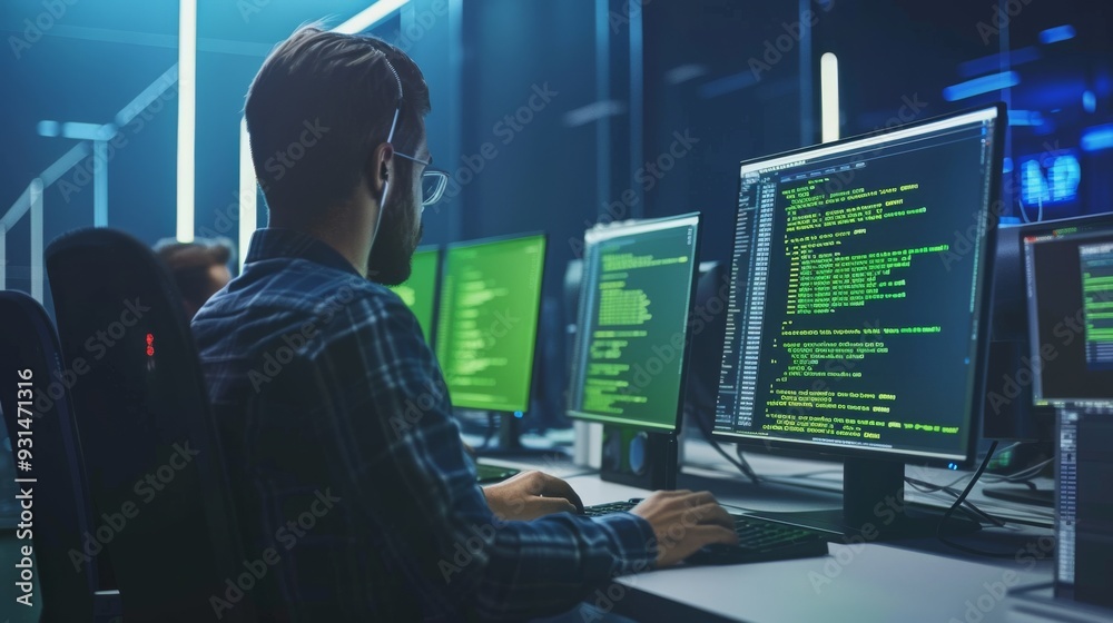 A Coder Immersed In His Work Surrounded By Multiple Monitors Displaying Lines Of Code In A