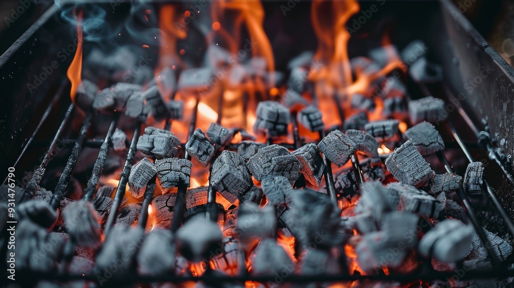 Red-hot charcoal pieces burn intensely on a grill, creating a visually ...