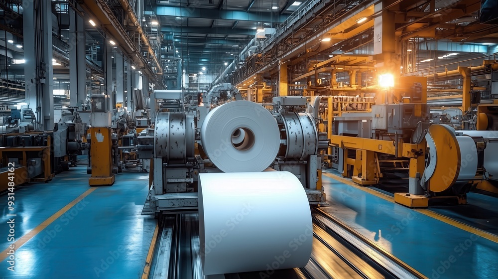 Automated Paper Roll Production Line in Factory. Large rolls of white ...
