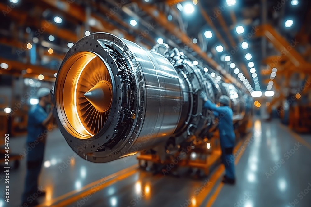 Jet Engine Assembly in Aerospace Manufacturing Plant. Close-up of a jet ...