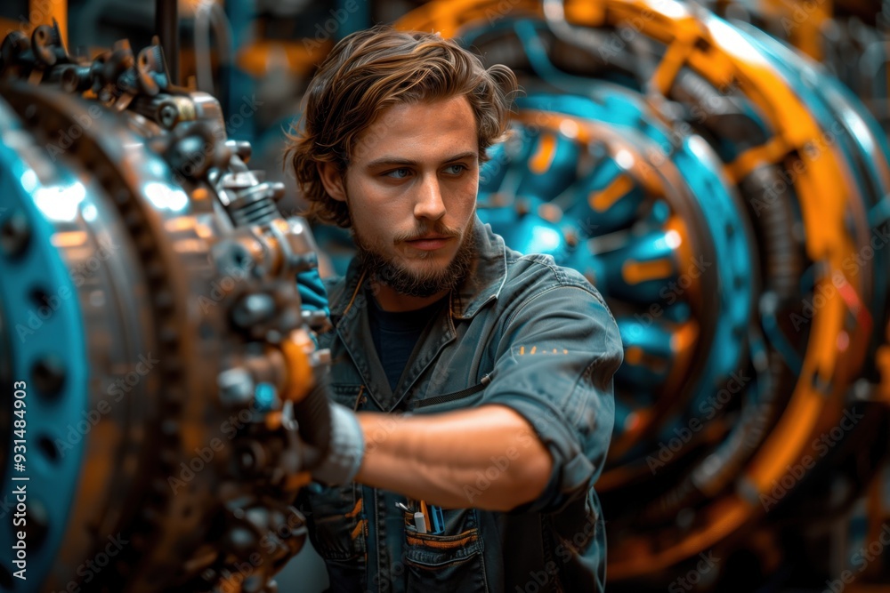 Young Aerospace Engineer Assembling Jet Engine. Young aerospace ...