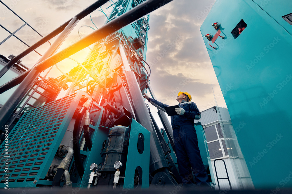 Industry operator use computer tablet for control rig platform for ...