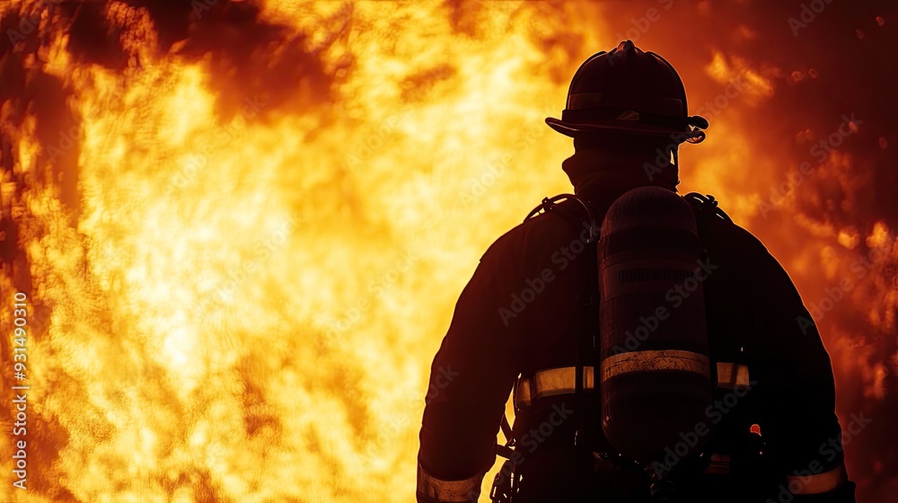 Brave firefighter facing a roaring wall of fire, back turned, flames ...