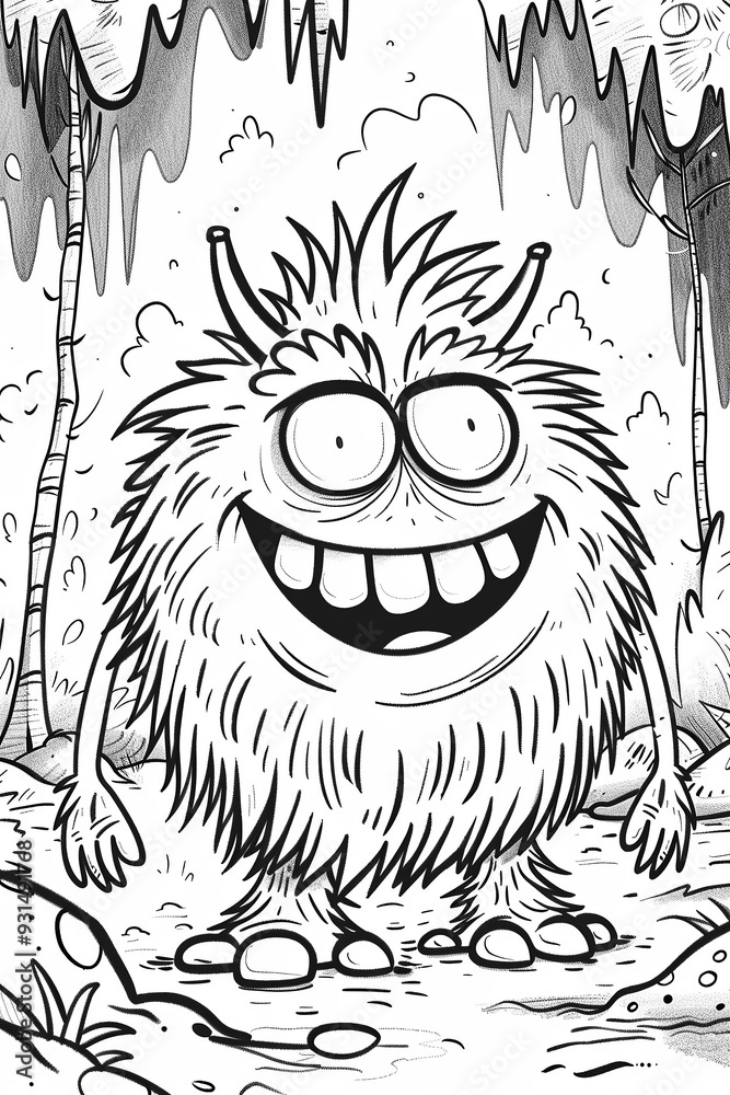 Cute and silly monster coloring page for children with a happy ...