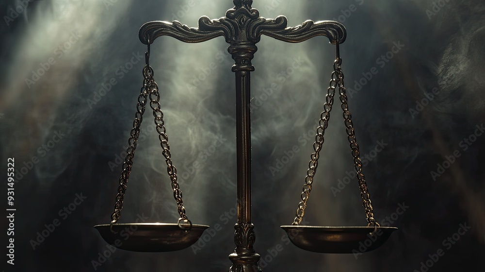 Scales of justice in a close-up shot, a beam of light highlighting the ...