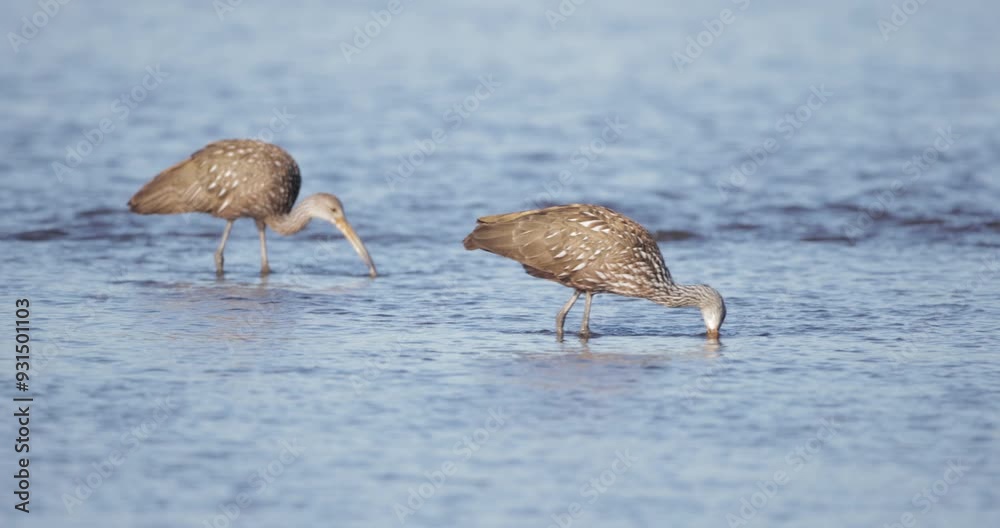 Two Limpkin Birds wading in shallow water foraging for food in sand bed ...