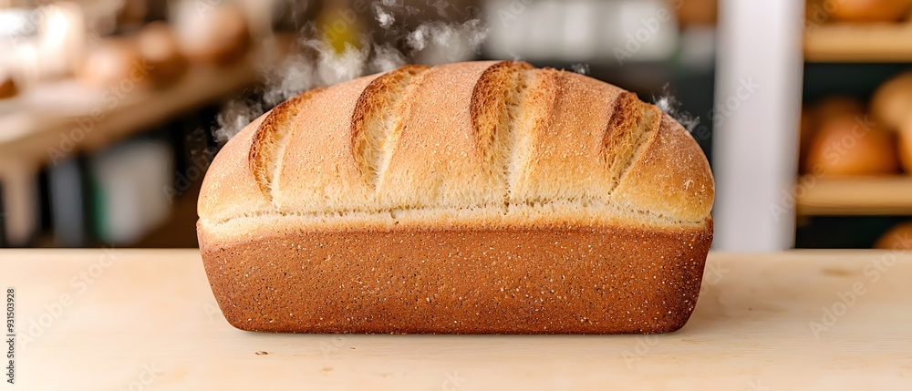 Realistic 3D-rendered loaf of bread with visible steam, placed in a ...