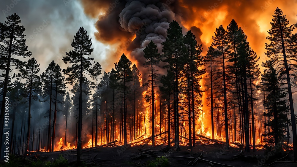 Forest wildfire raging through trees, consuming the landscape with flames and thick smoke ...