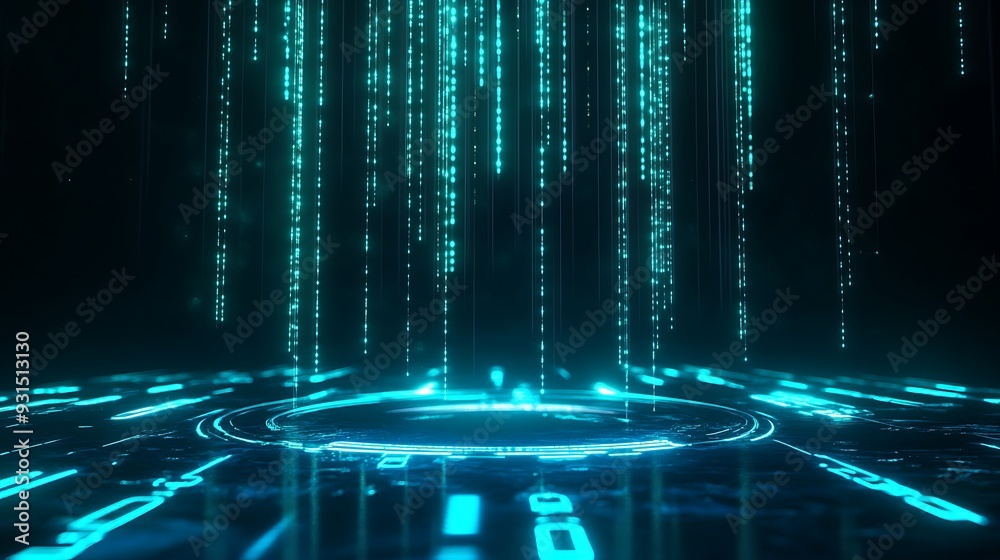 Futuristic digital data code matrix concept with falling binary code lines and glowing rings in ...