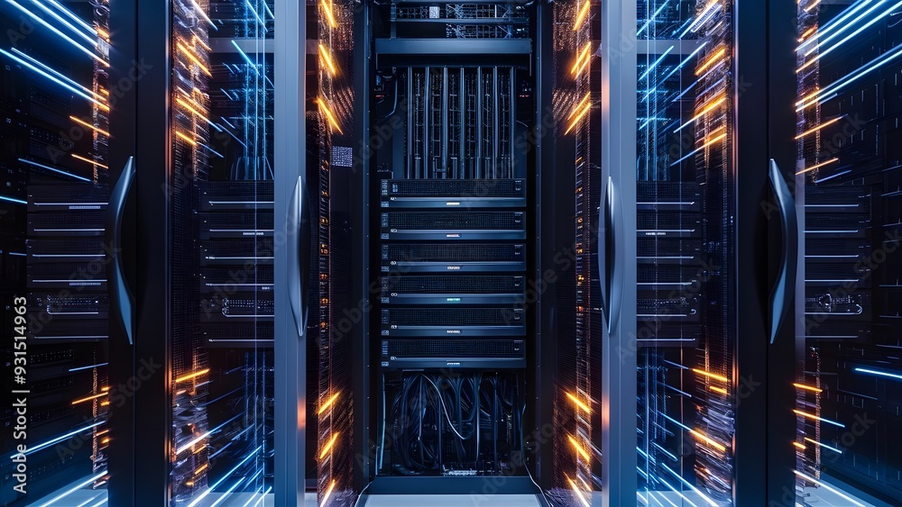 A highly organized server room with rows of state of the art servers in ...