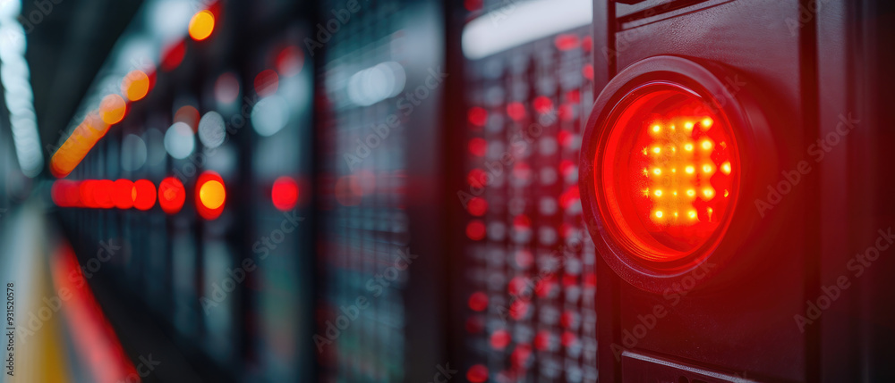 Industrial Control Panel with Illuminated Warning Light, vibrant red ...